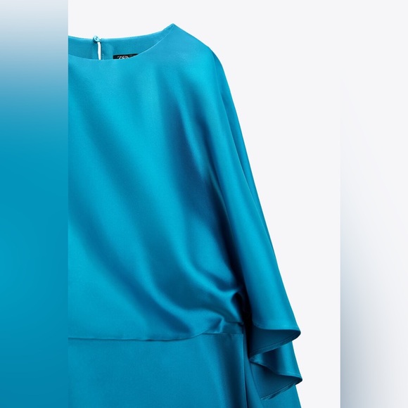 Zara | Dresses | Nwt Zara Turquoise Satin Effect Cape Sleeve Mini Dress ...